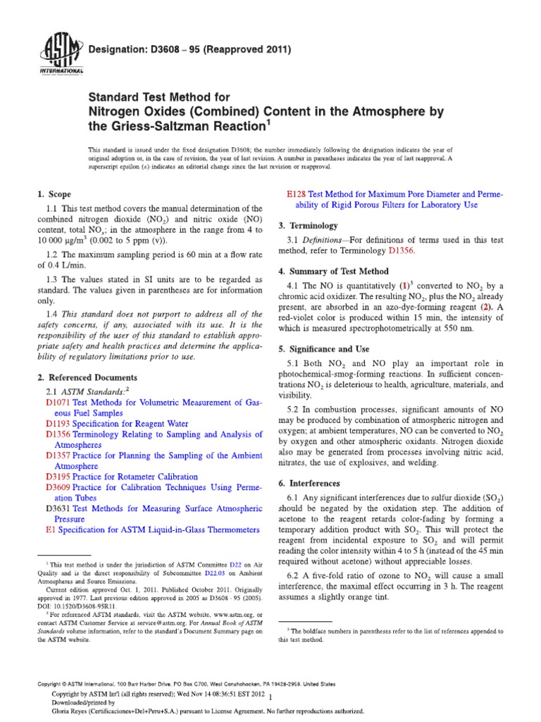 ASTM D3608-95 Reaproved 2011 Nitrogen Oxides (Combined) Content in ...