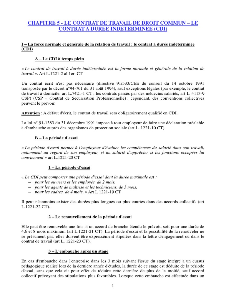 CHAPITRE 5 Le Contrat de Travail À Durée Indéterminée | PDF | Business ...