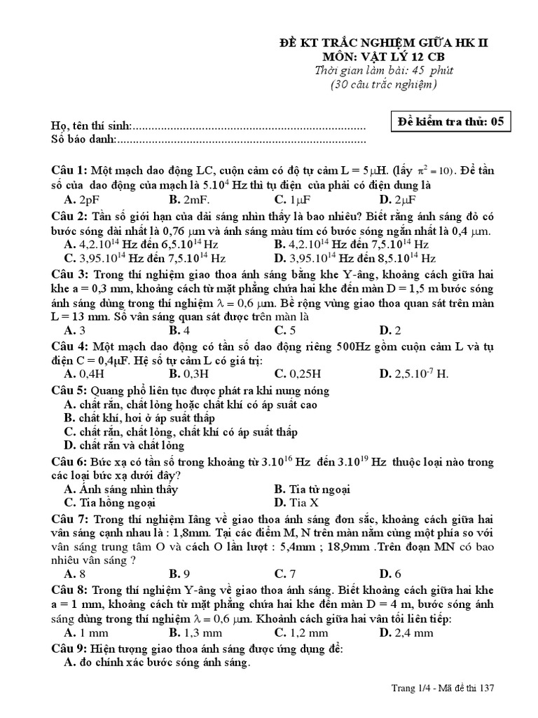 Đề kiểm tra thử giữa HKII Đề 5 | PDF