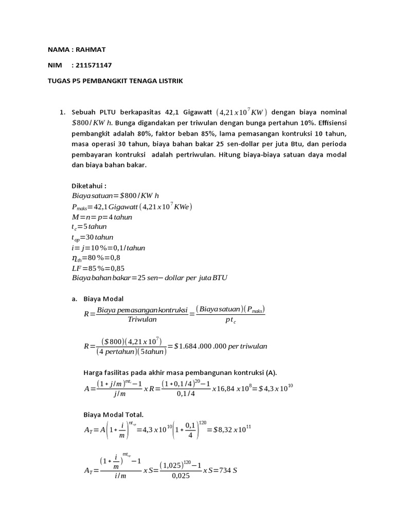 Contoh perhitungan biaya modal dan biaya operasi PLTU dan PLTA | PDF
