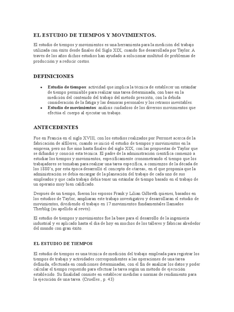 El Estudio De Tiempos Y Movimientos Material Introduccion A La Ing