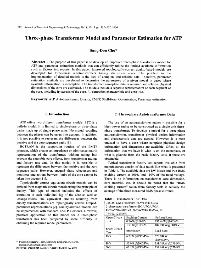 Three Phase Transformer Model And Parameter Estimation For Atp Pdf