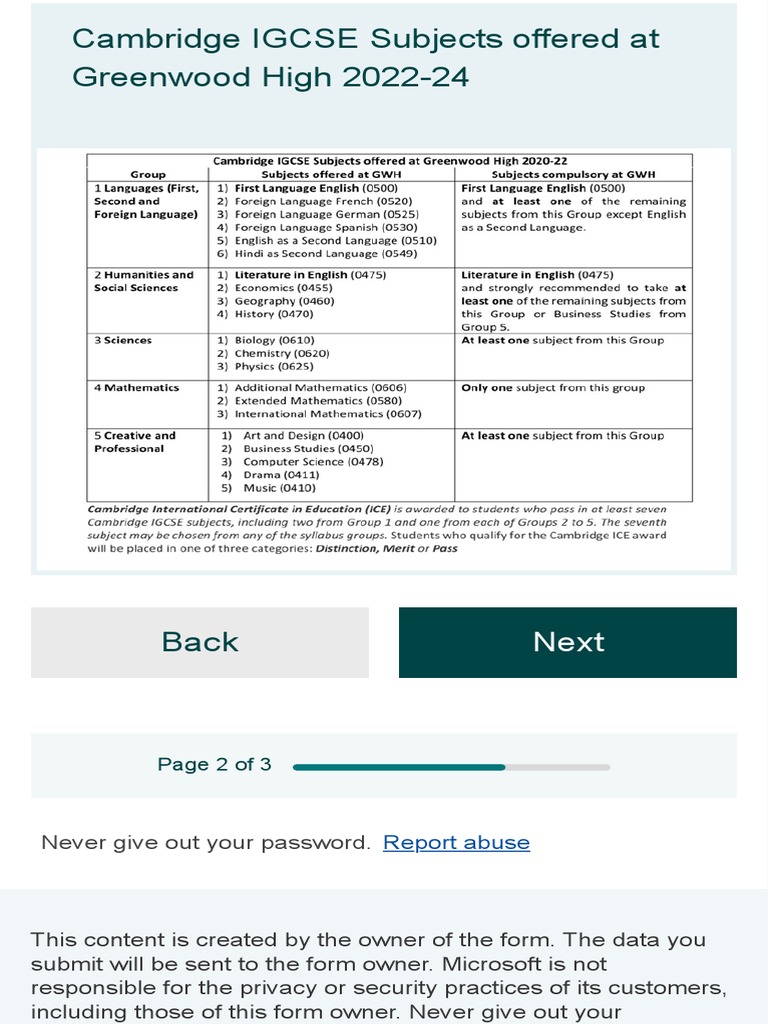 Greenwood High IGCSE Subject Selection Form 2022 - 2024 (Page 2 of 3) | PDF