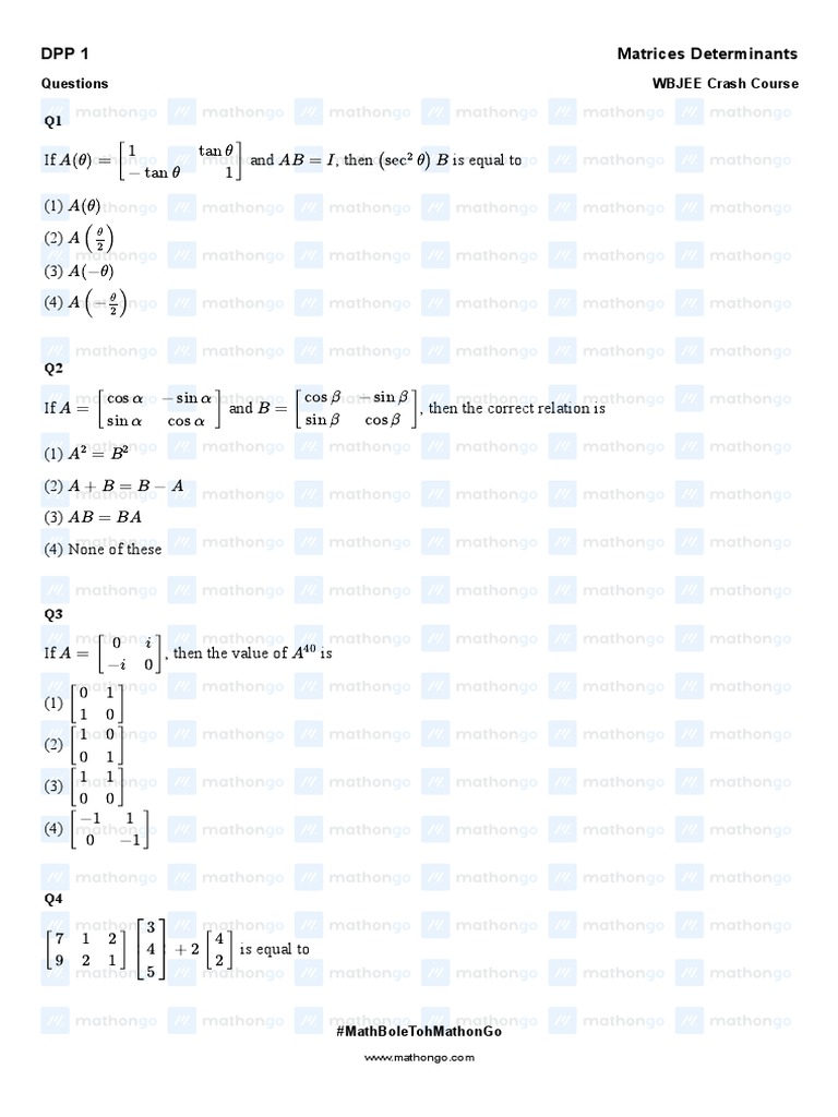 Question DPP 1 Matrices Determinants | PDF | Matrix (Mathematics ... Question DPP 1 Matrices Determinants | PDF | Matrix (Mathematics ...
