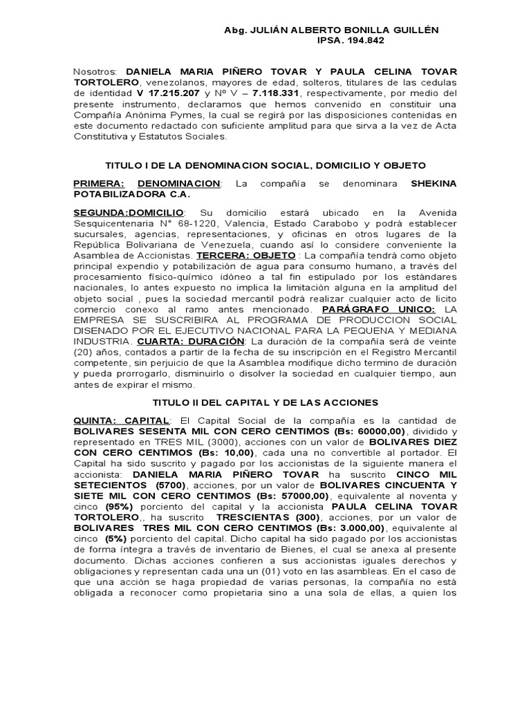 Acta constitutiva | PDF | Compartir (Finanzas) | Pagaré