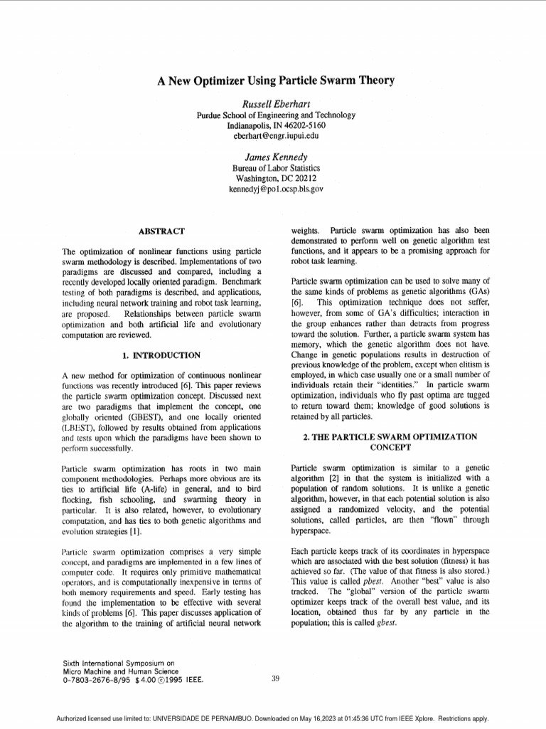 A New Optimizer Using Particle Swarm Theory Pdf Mathematical