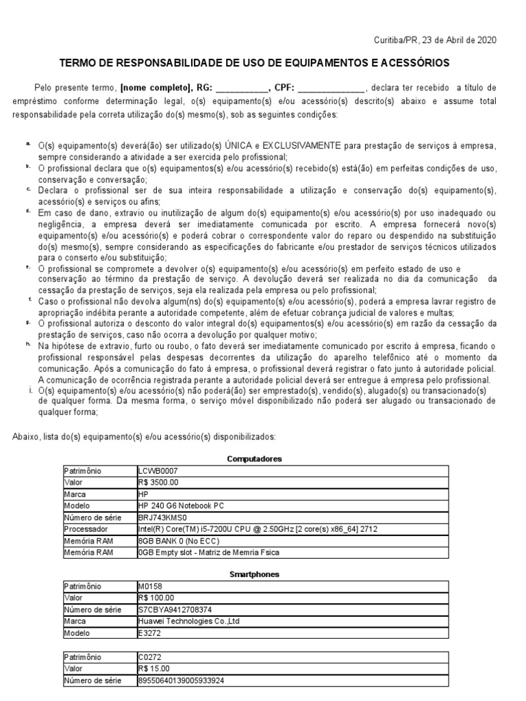 Termo de Entrega de Equipamentos - Cooperados | PDF | Hardware de ...
