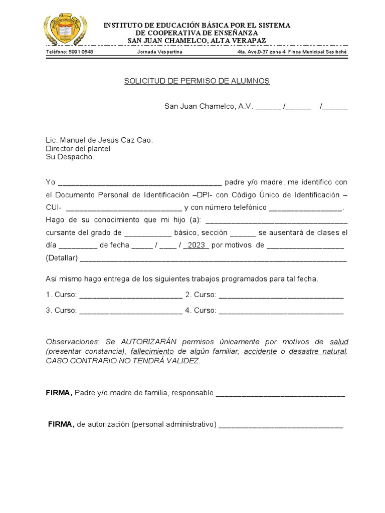 Formato Solicitud de Permiso Alumnos | PDF | Salud y bienestar