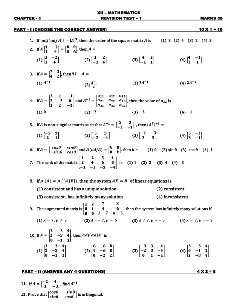 12 Maths Chapter 1 Full Test | PDF | System Of Linear Equations | Algebra