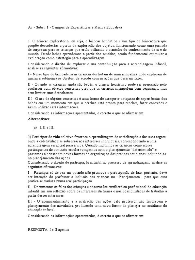 Av - Subst. 1 - Campos de Experiências e Prática Educativa | PDF | Aprendizado | Pré-escola