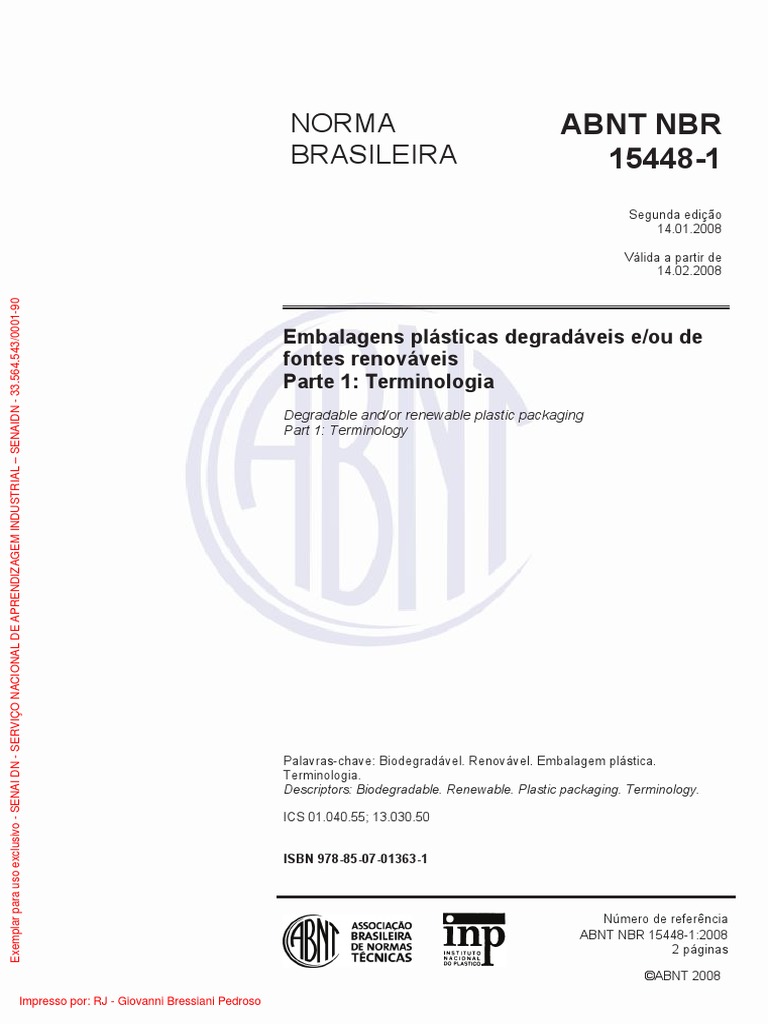 Abnt NBR 15448 1 2008 | PDF | Polímeros | Polimerização
