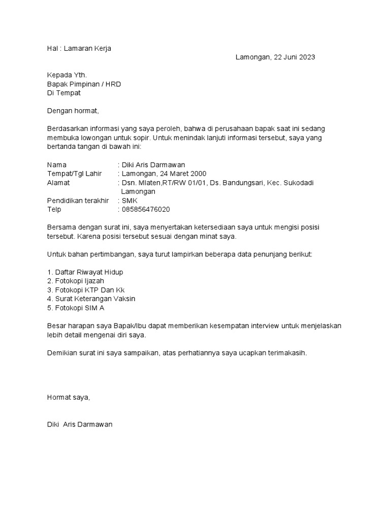 Lamaran Kerja Sopir Diki Aris Darmawan | PDF