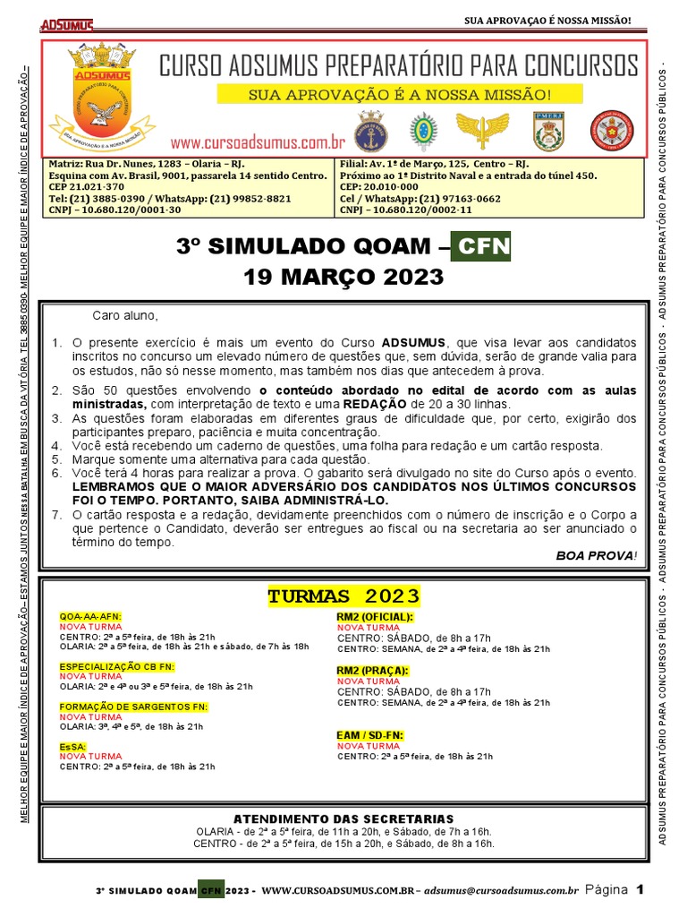 3° Simulado Qoam - CFN - 19 Março 2023 Impressão | PDF | Amor | Brasil