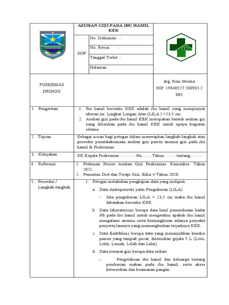 Sop Asuhan Gizi Pada Ibu Hamil Kek | PDF