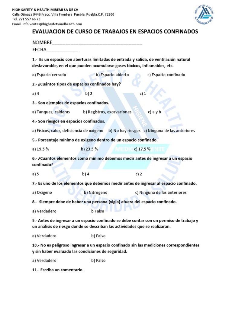 Examen Espacios Confinados | PDF