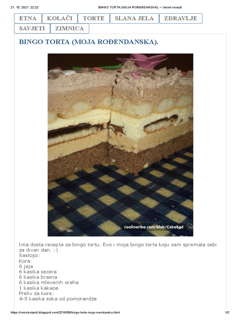 BINGO TORTA (MOJA ROĐENDANSKA) - Veseli Recepti | PDF