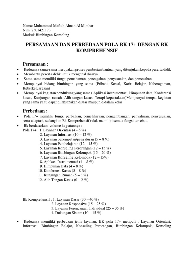 Persamaan Dan Perbedaan Pola BK 17+ Dengan BK Komprehensif | PDF