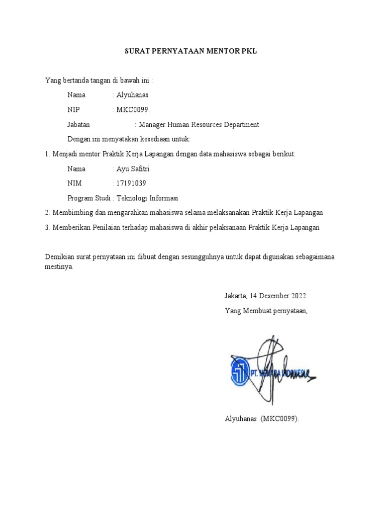 Surat Pernyataan Mentor PKL | PDF | Sains & Matematika | Teknologi ...