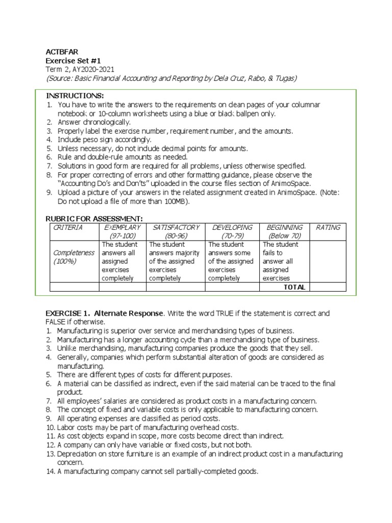 ACTBFAR Exercise Set #1 | PDF | Cost | Income Statement