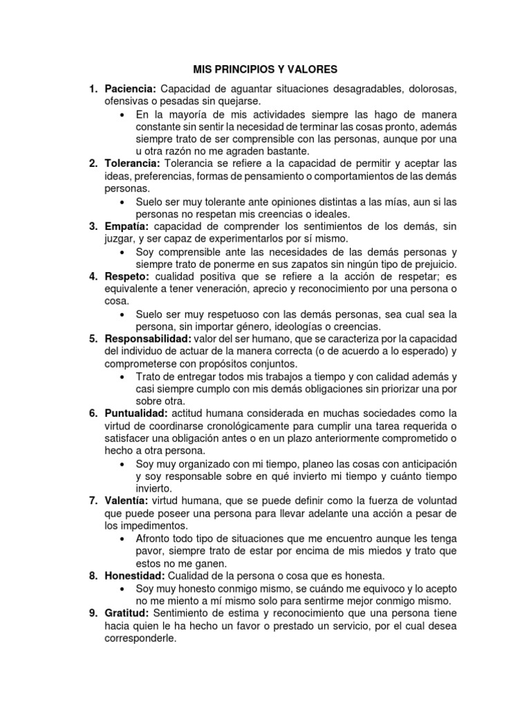 Mis Principios y Valores Personales | PDF | Tolerancia | Virtud
