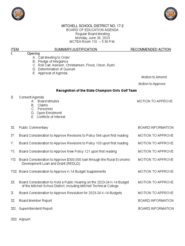 School Board Meeting Agenda | PDF | School Meal | Healthy Diet