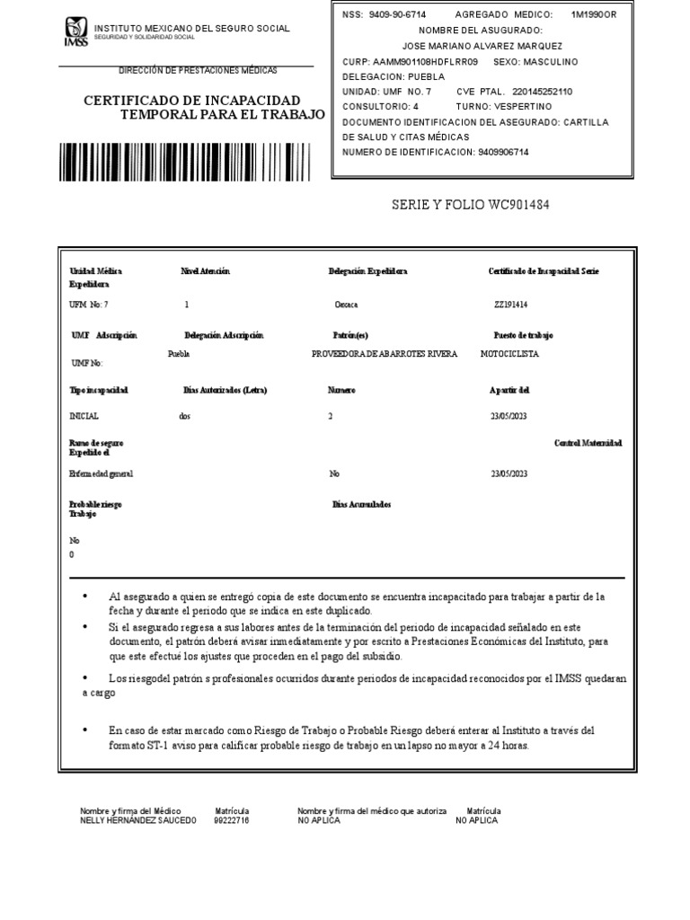 Certificado de Incapacidad Temporal IMSS | PDF