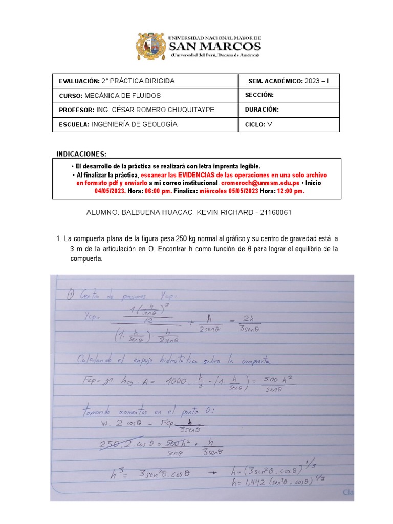 2° Práctica Dirigida - Mecánica de Fluidos (2023-I) | PDF