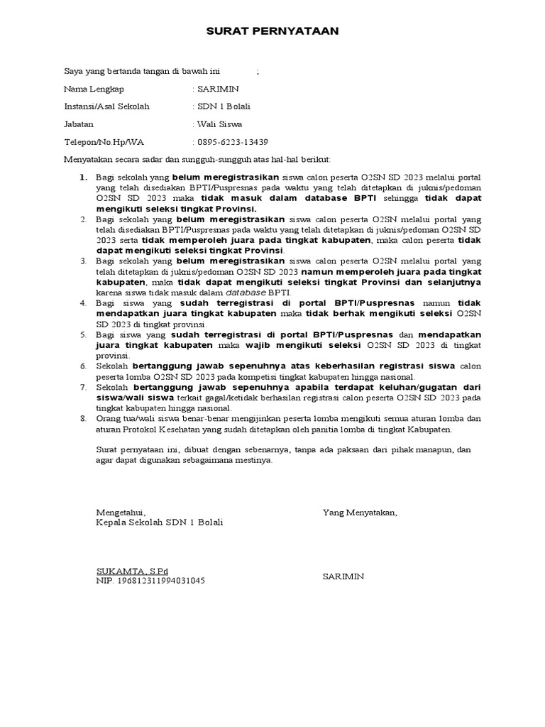 Surat Pernyataan O2sn | PDF