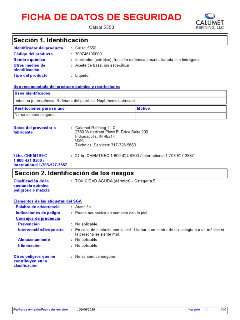 Calsol 5550 - SDS - Spanish | PDF | Contaminación | Toxicología