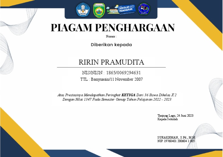 Template Piagam Rangking Kelas | PDF