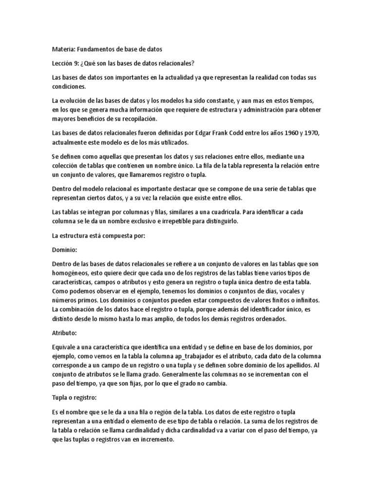 Leccion 9 Que Son Las Bases De Datos Relacionales Pdf Base De