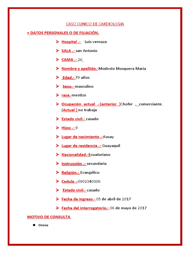 Caso Clinico de Cardiologia Word | PDF | Artería | Medicina CLINICA Caso Clinico de Cardiologia Word | PDF | Artería | Medicina CLINICA