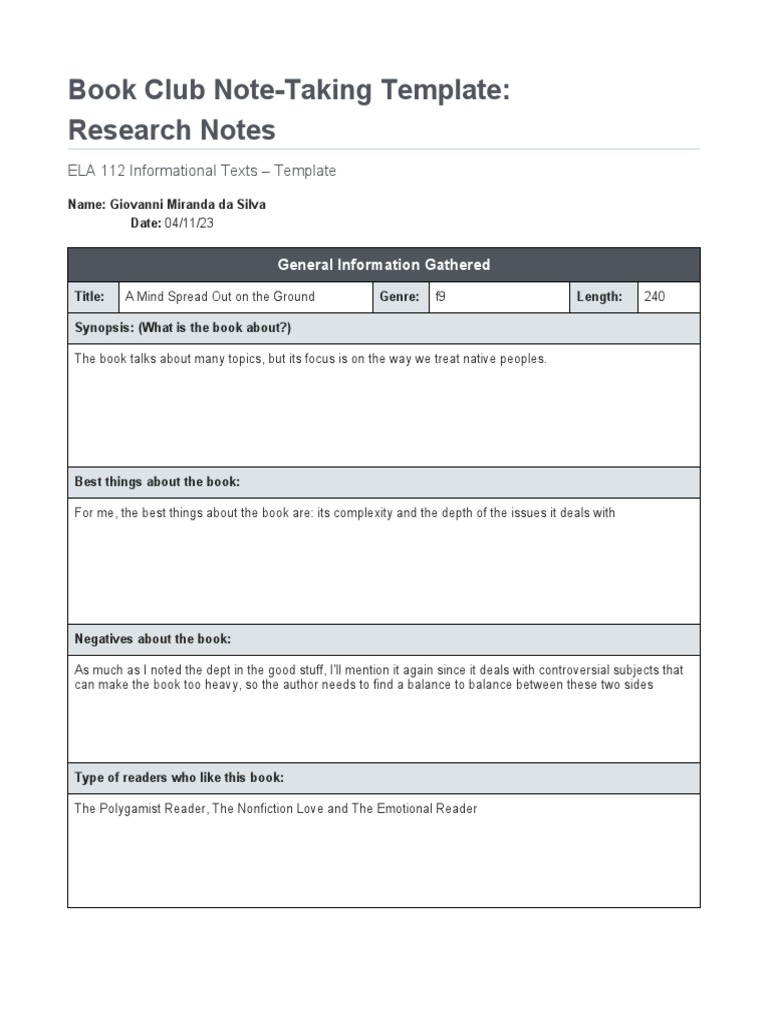 Book Club Template for ELA 112 | PDF