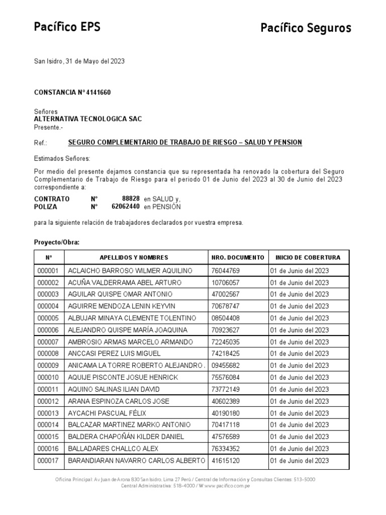 Constancia de Renovacion SCTR - Junio 2023 | PDF