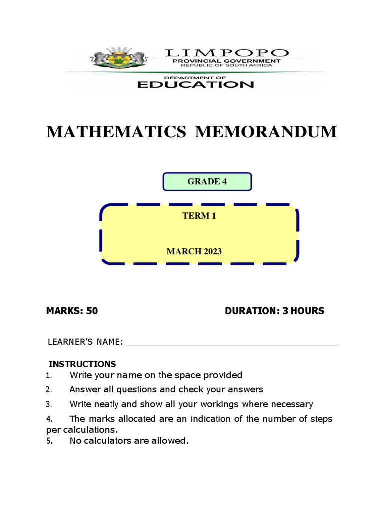 GRADE 4 TERM 1 TEST MATHEMATICS MEMO ( final) | PDF | Square Root | Numbers