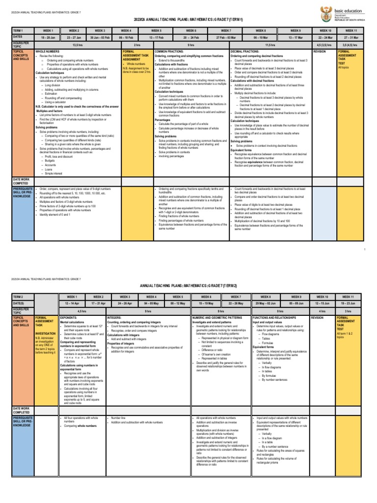 Grade 7 Atp 2023-24 Mathematics With Dates | PDF | Shape | Numbers