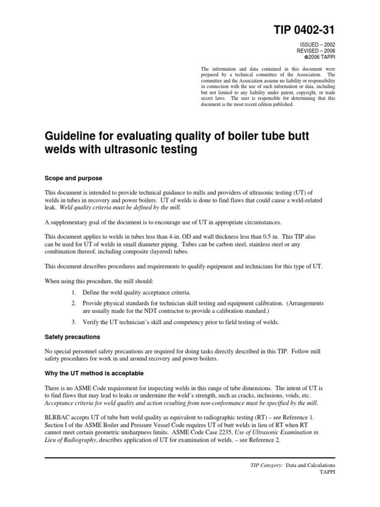 Tappi Tip 0402 31 Ut Evaluating Welds Quality Pdf Pipe Fluid