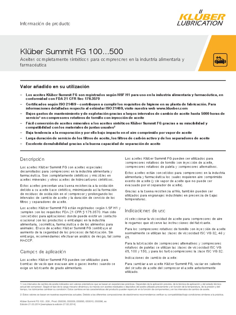 Kluber Summit FG 100 500 (Data Sheet) | PDF | Petróleo | Lubricante