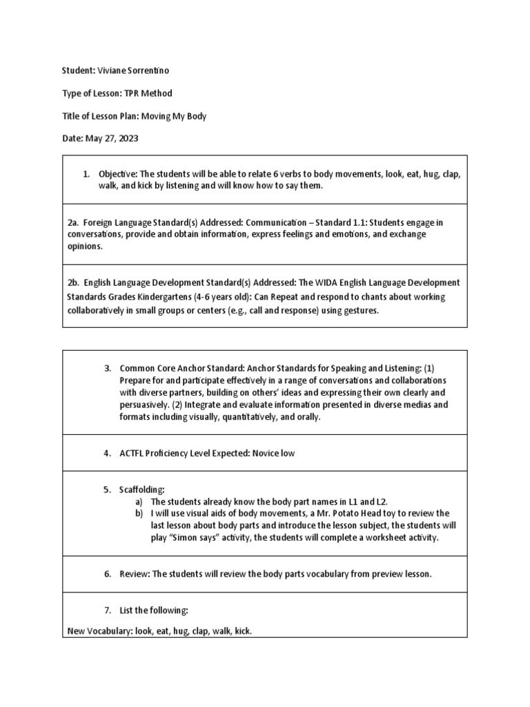 Lesson Plan - Moving My Body | PDF | Teachers | English As A Second Or ...