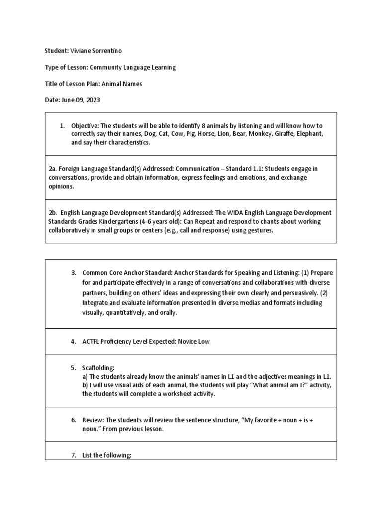 Animal Names Lesson Plan for Kids | PDF | Teachers | Language Development
