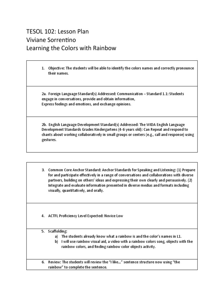 TESOL102 Lesson Pla - Input+1 (Rainbow Colors) | PDF | Teachers ...