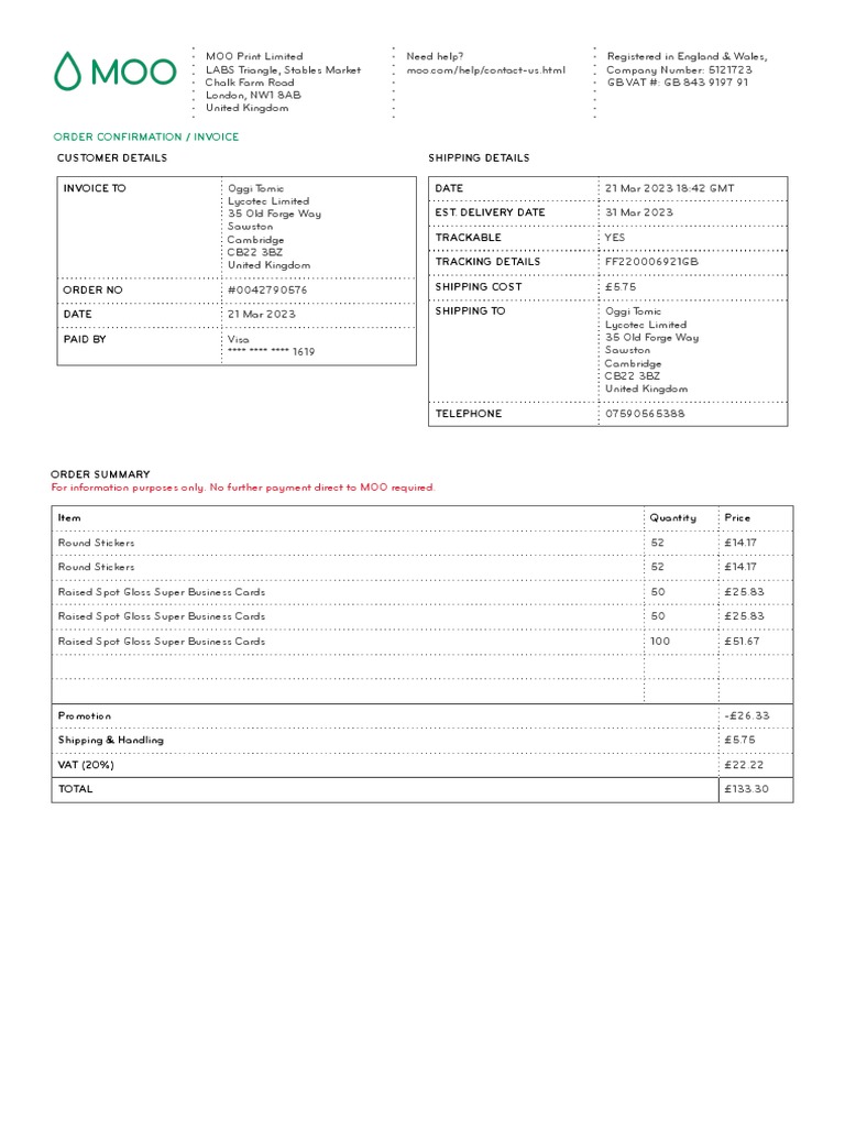 Order Confirmation / Invoice | PDF | Marketing | Market (Economics)