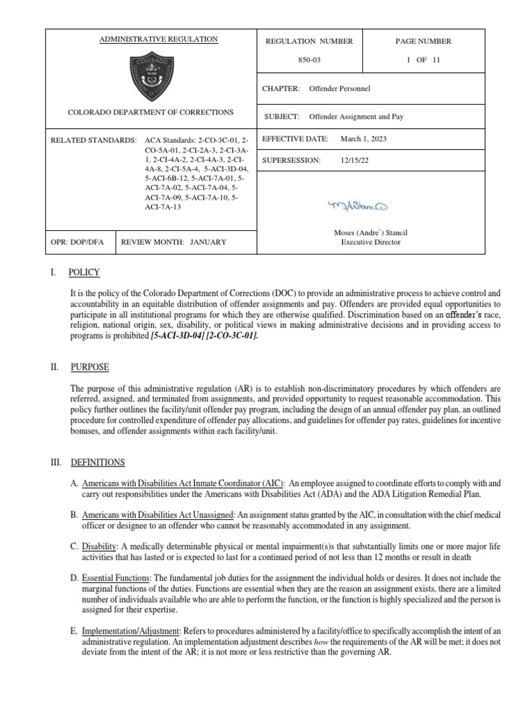 CDOC Offender Assignment and Pay 2023 | PDF | Americans With ...