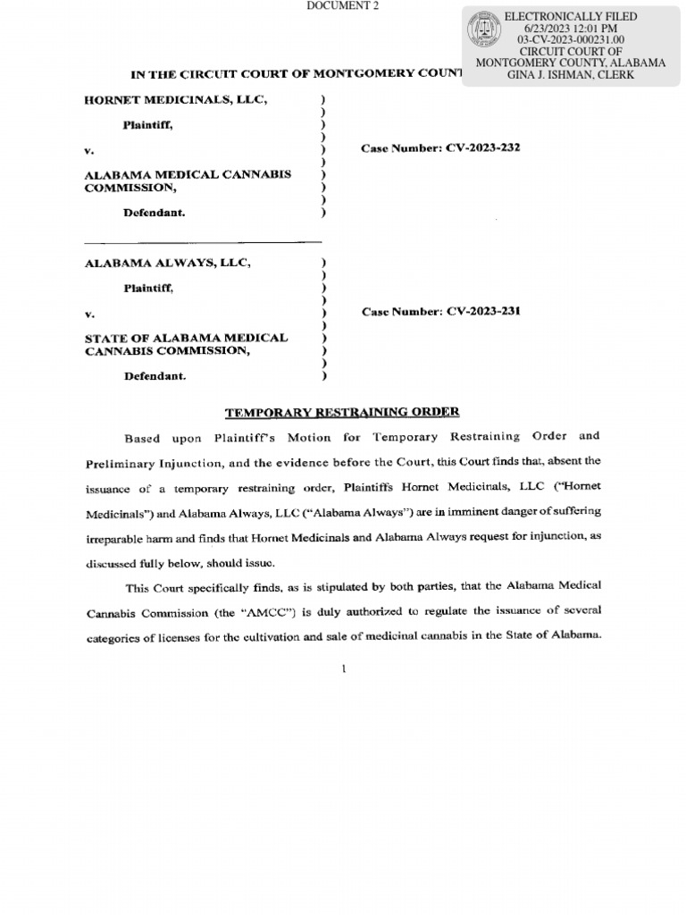 Alabama Marijuana Licenses Temporary Injunction | PDF