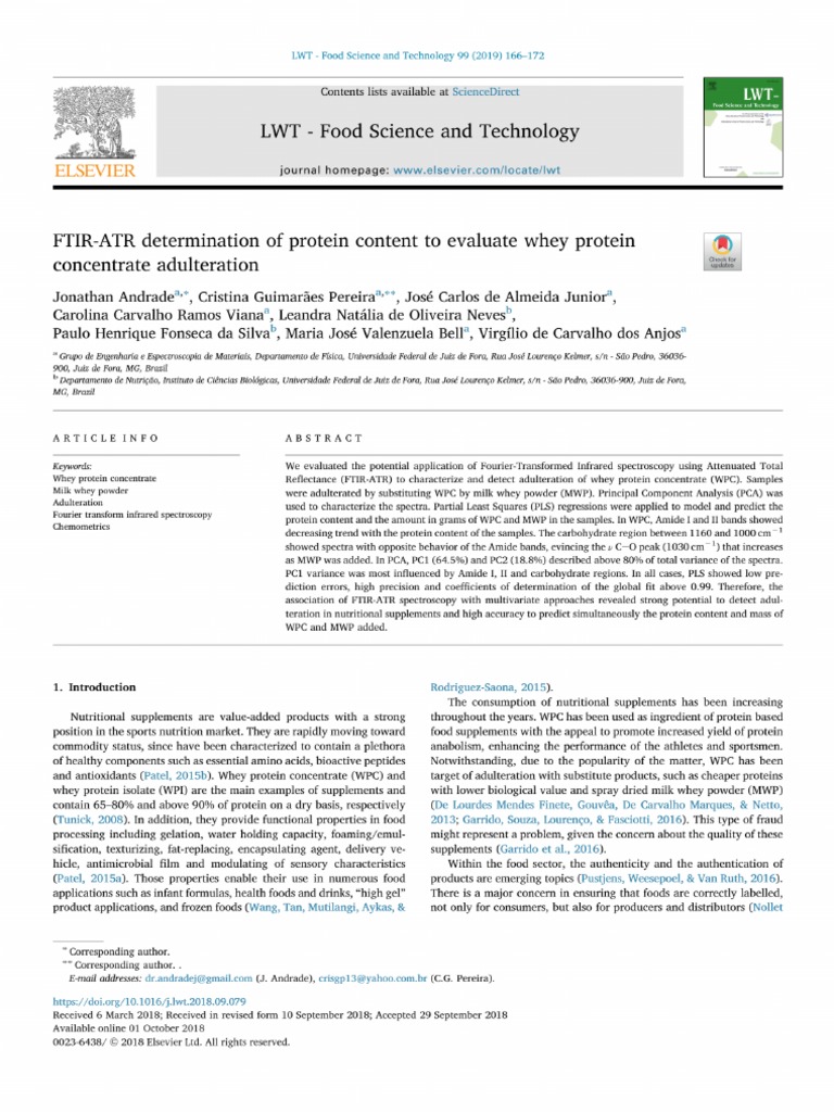 Ftir Atr Determination Of Protein Content To Evaluate Whey Protein Concentrate Adulteration