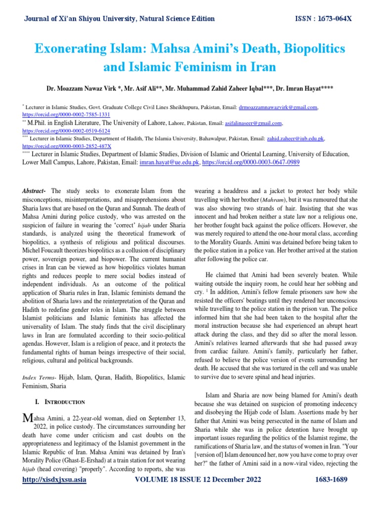 Exonerating Islam Mahsa Amini's Death, Biopolitics and Islamic Feminism ...