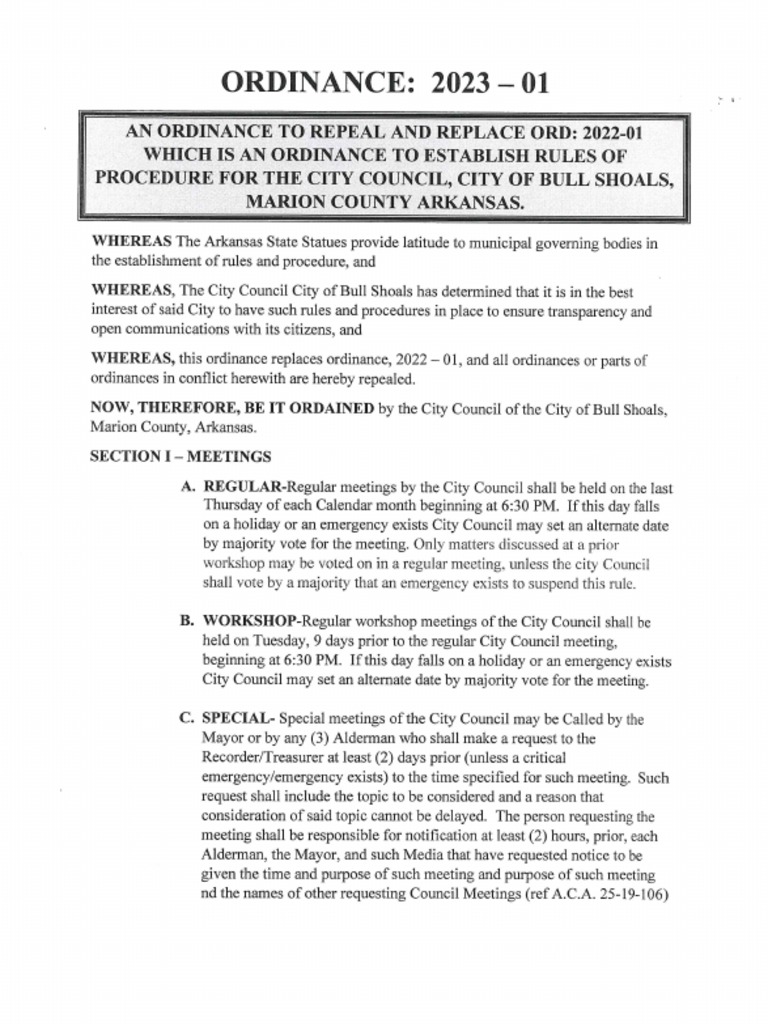 Bull Shoals City Council Ordinance 2023-01 | PDF