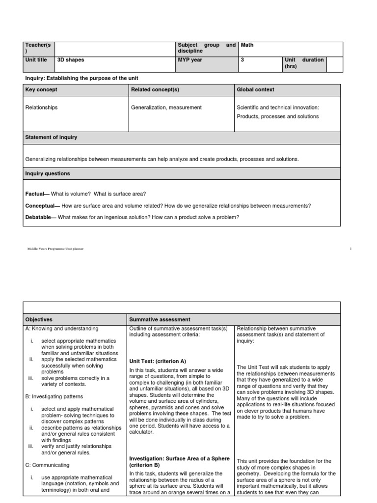 Mathematics MYP 3 - Unit Planners | PDF | Educational Assessment ...
