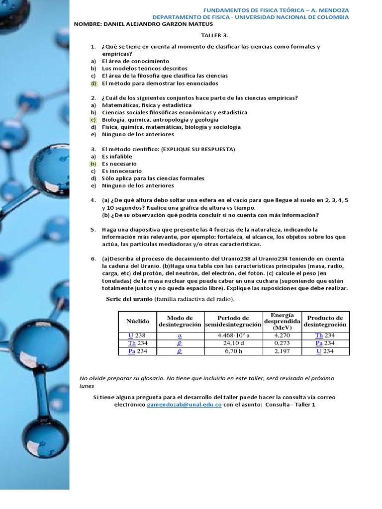 Primer Taller Daniel Garzon | PDF | Desintegración radioactiva | Núcleo atómico