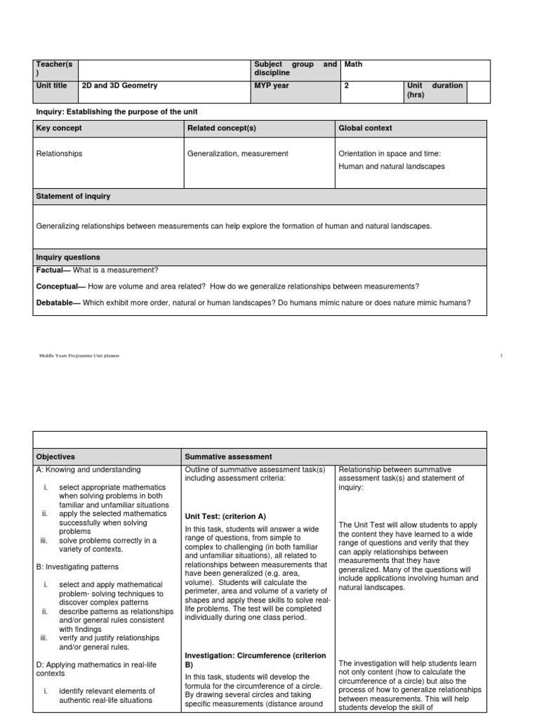 Mathematics MYP 2 - Unit Planners | PDF | Educational Assessment ...